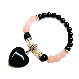 Onyx Heart Charm Bracelet GENUINE NATURAL STONES Handmade Bracelet Black Onyx Pearls Rose Quartz Powerful HEART CHAKRA Stone Birthstone Bracelet USA HANDMADE