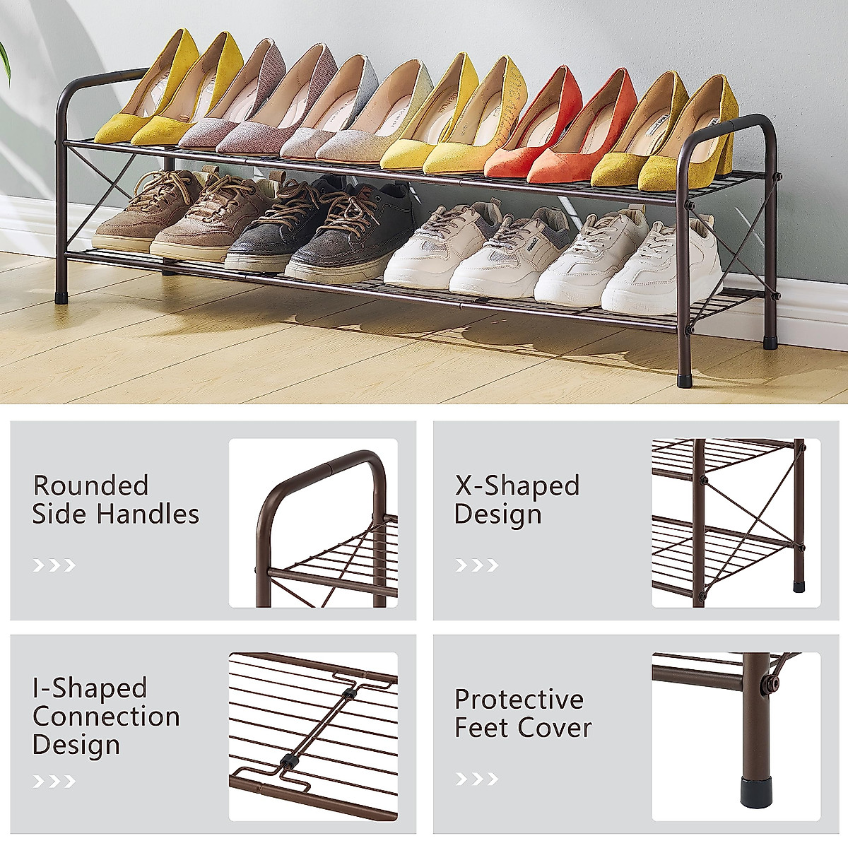 Hoctieon 2 Tier Shoe Rack for Closet, Shoe Rack FreeStanding, Entryway Shoe Shelf, Shoe Storage Organizer, Durable Mesh Style Shoe Rack, Brown