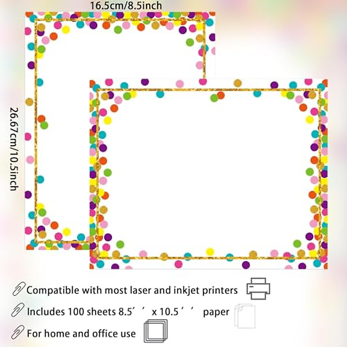 100 Sheets Back to School Confetti Stationery Computer Paper 8.5x10.5 Border Stationary Letterhead Paper for Teacher Printing Writing Letters, School Printer Supplies for Kids Home Family
