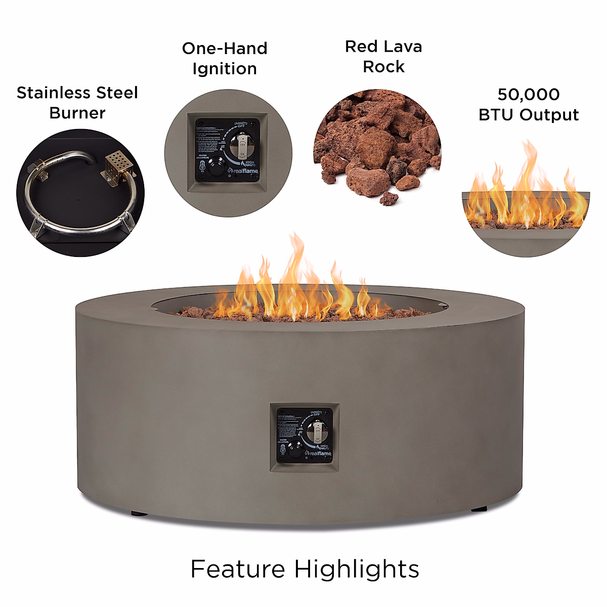 Real Flame Aegean Round Propane Fire Table for Outdoors in Mist Gray with Natural Gas Conversion Kit, Lid and Storage Cover - Durable Gray Fire Pit