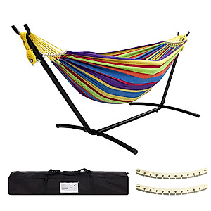 SZHLUX Double Hammock with Stand Included 450lb Capacity Steel Stand, Premium Carry Bag Included.Indoor Outdoor Brazilian-Style Cotton Bed for Backyard, Camping,Garden