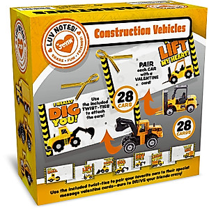 JOYIN 28 Pack Valentines Party Gift Cards with Mini Construction Vehicle Toy Set for Kids Valentine's Classroom Exchange Prizes Valentine Party Favor Toys Including Dump Truck, Excavator and More