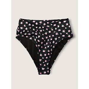 Victoria's Secret Pink V Crossover High Waisted Bikini Bottom, Swimsuit for Women, Moderate Coverage Bathing Suit Bottoms for Women, Pure Black Floral (S)