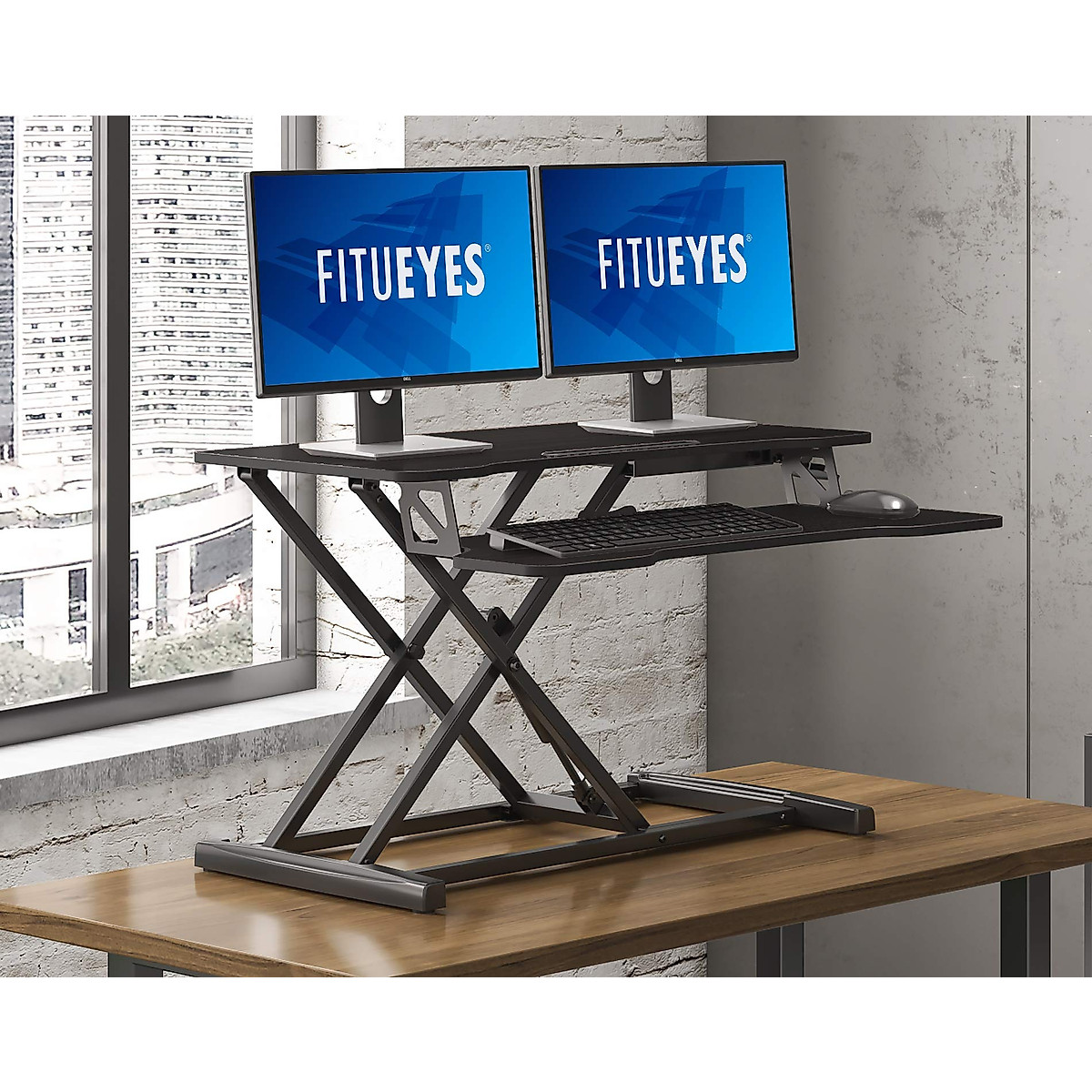 FITUEYES Height Adjustable Standing Desk 32” Wide Sit to Stand Converter Stand Up Desk Tabletop Workstation for Laptops Dual Monitor Riser Black SD308001WB