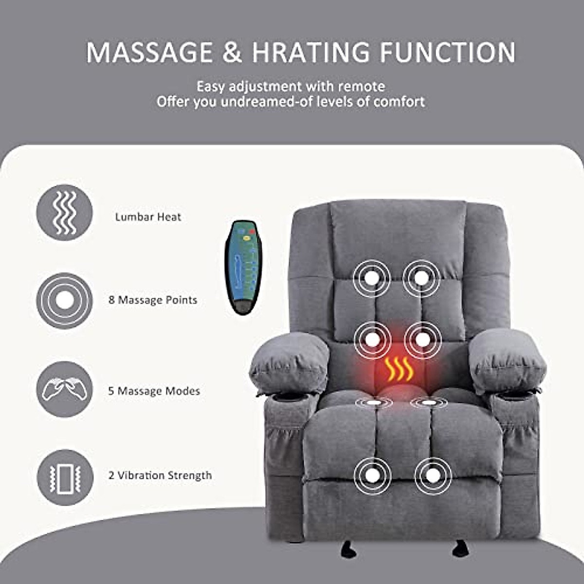 BOSMILLER Massage Rocker Recliner Chair with Vibration Massage and Heat Ergonomic Lounge Chair for Living Room with Rocking Function and Side Pocket, 2 Cup Holders, USB Charge Port