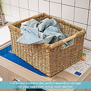 Large Wicker Basket Rectangular with Wooden Handles for Shelves, Seagrass Basket Storage, Natural Baskets for Organizing, Wicker Baskets for Storage - 3 Pack Large