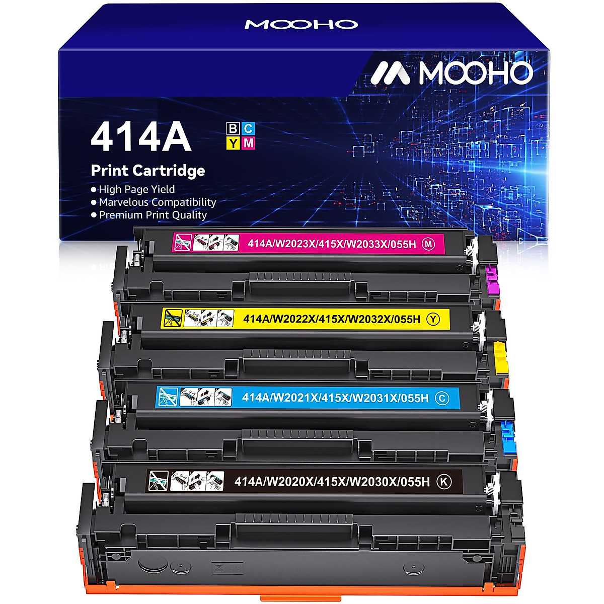 MOOHO Compatible Toner Cartridge Replacement for HP 414A W2020A 414X High Yield Used with HP Color Pro MFP M479fdw M454dw M479fdn M454dn Toner Printer (Black Cyan Yellow Magenta, 4 Packs)