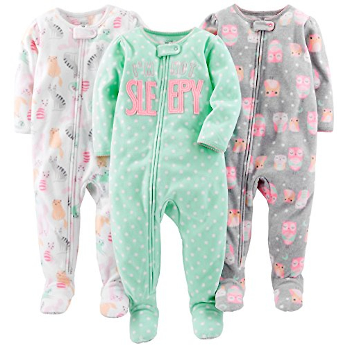 Simple Joys by Carter's Baby Girls' Loose-Fit Flame Resistant Fleece Footed Pajamas, Pack of 3, Owl/Cat/Dots, 18 Months