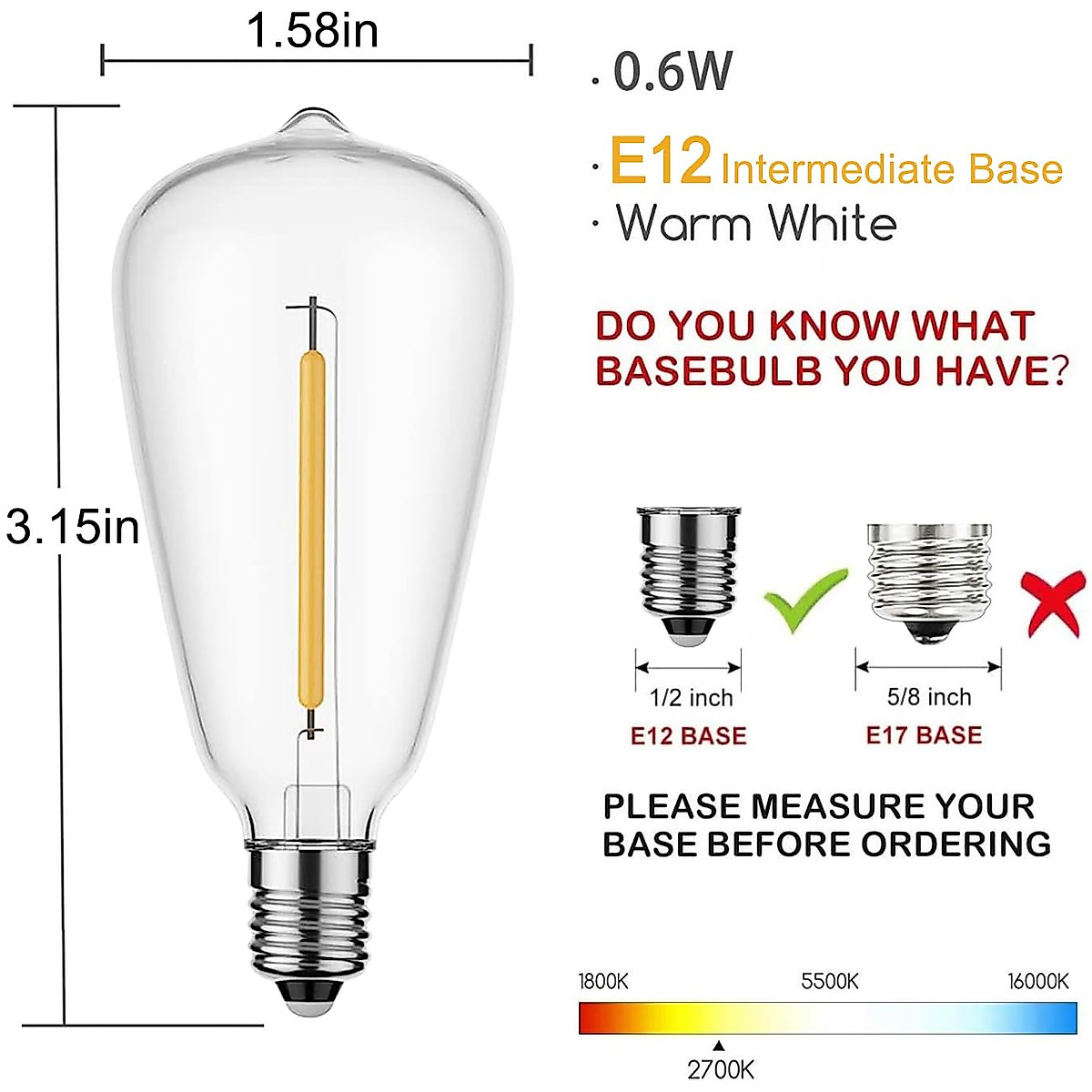 Couah 10 Pack Edison LED Light Bulbs, 0.6 watt E12 Screw Base Replacement Bulbs, LED Shatterproof Bulbs ST38 Clear Plastic Light Bulbs for Outdoor Patio ST38 String Lights, Warm White