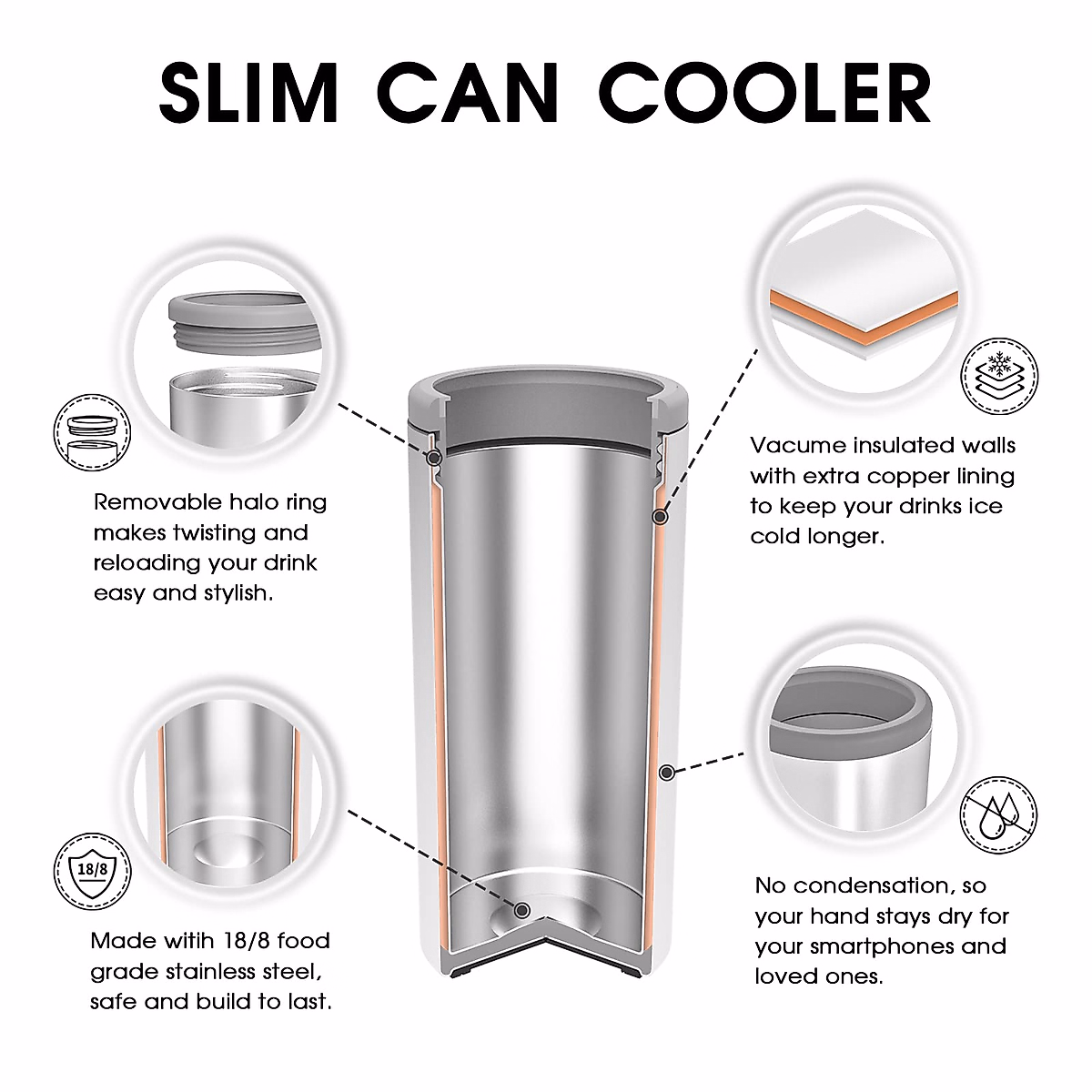 TILUCK Skinny Can Cooler for Slim Beer & Hard Seltzer, Stainless Steel, Doucle-Walled Stainless Steel Insulated Slim Cans, Standard 12 oz (Leopard Print)