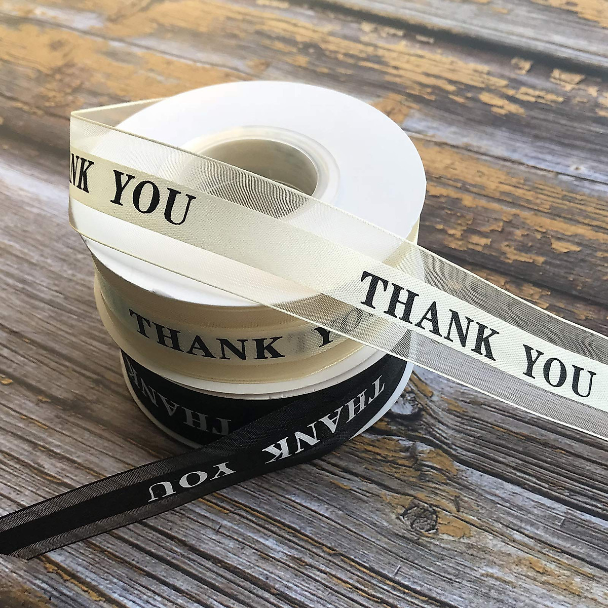 LXKBD 2 Rolls Satin Organza Ribbons with “Thank You" Printing ,1 Inch by 25 Yard Spool for Thanksgiving Day Gift Wrapping,Wedding Favor,Cake Box Decoration and Handmade Crafts (Black and Champagne)