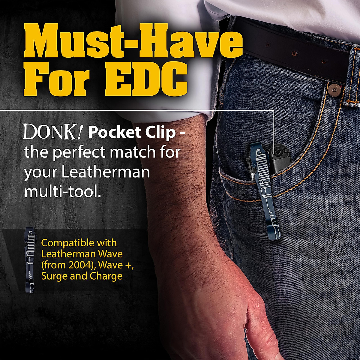 Donk! Pocket Clip for Leatherman Wave, Wave Plus+, Surge & Charge AL, ALX, Ti, XTi - Titanium TC4 - Custom Designs - Quick Release - Extra Carry Options ‘Sparka’