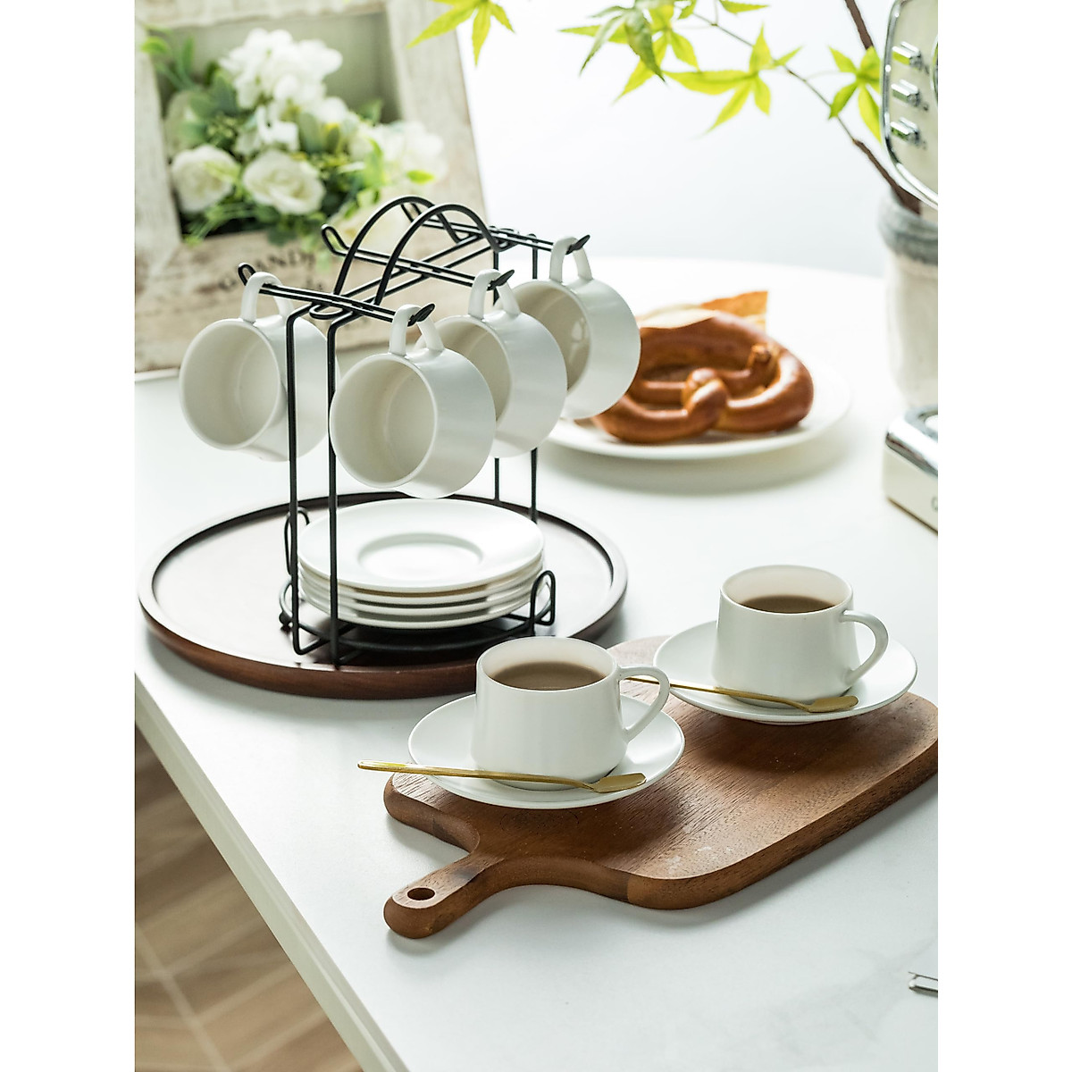 YHOSSEUN Espresso Cups and Saucers with Metal Stand, Porcelain Demitasse Cups Set for Espresso, Latte, Cafe Mocha, Cappuccino and Tea, 3 Ounce, Set of 6, White