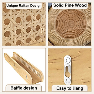 MVPSONAG Rattan Wall Shelf, Natural Boho Bookshelves for Wall, Modern Wooden Wicker Shelf, Cute Nursery Shelves, Floating Shelves for Kids Room, Living Room, Bedroom