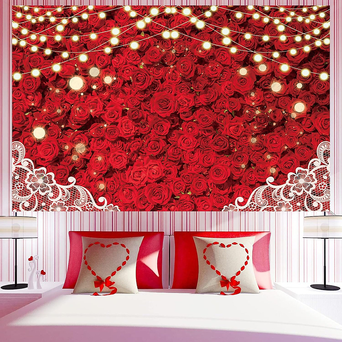 BINQOO 7x5ft Valentine's Day Red Rose Photography Backdrop Red Floral Wall Background Wedding Bridal Shower Women Party Red Flowers Wall Background Girls Birthday Party Supplies