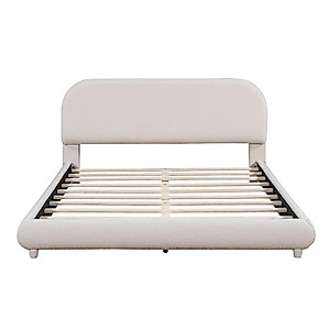 SIYSNKSI Queen Size Platform Bed with Thick Fabric, Teddy Fleece Upholstered Platform Bed with Curve-Shaped Design Headboard, Solid Wood Bed Frame for Boys Girls Kids Teens Adul (Beige + Fleece-21K)