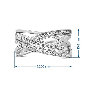 Jewelili Sterling Silver 1/4 Cttw Natural White Round and Baguette Diamonds Cross Over Ring, Size 7