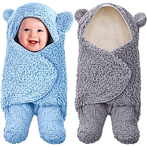 Tatuo 2 Set Newborn Plush Swaddle Blankets Cute Swaddle Hooded Swaddle Blanket Baby Boys Girls Receiving Hooded Sleeping Bag Infant Sleep Swaddling (Blue, Gray)