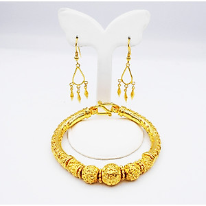 Lai Thai Gold Plated Bangle 24k Thai Baht Yellow Gold Filled Bracelet Size 6.5 Inch and Earrings 1 Pair