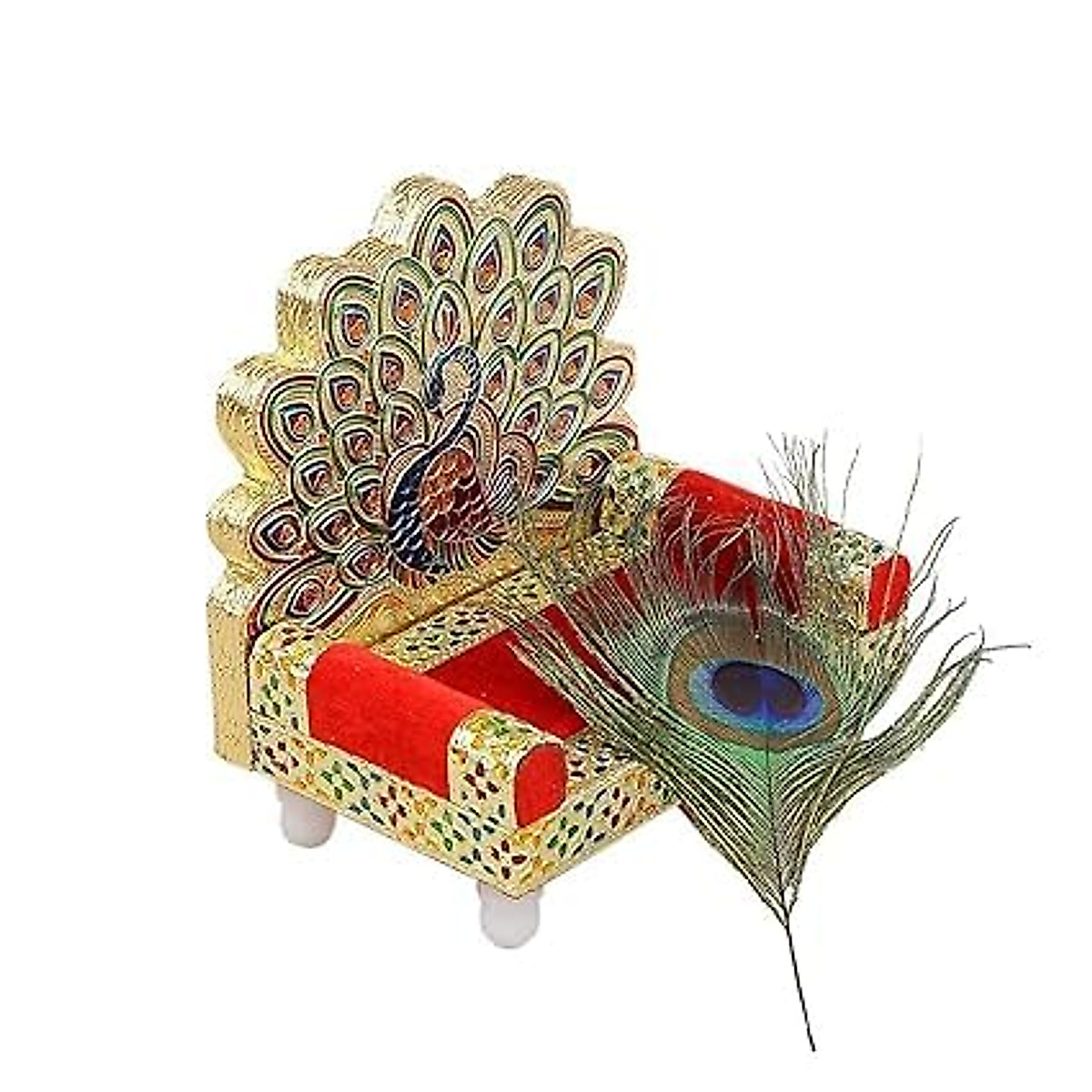 Laddu Gopal Meenakari Singhasan for Pooja Mandir,Peacock Swing Jhula for Idol Wooden Meenakari Singhasan Laddu Gopal Sinhasan for Pooja Mandir (Small Size)-(Golden, 15.5 x 10.5 x 15 cm)