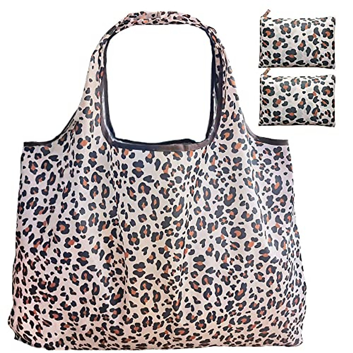 HAPPYHEIDI Reusable Grocery Shopping Bags Totes Foldable Washable with Long Handles for Heavy Duty, Fold-Up Pouch, for Beach Gym Travel, Bulk, Cute, 2 Pack,Leopard
