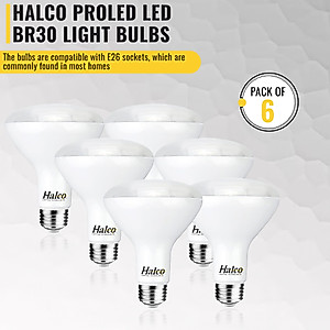 Halco ProLED BR30 Flood Led Light Bulbs, Dimmable, 8W 650 Lumens, 3000K Warm White 25000 Houers E26 Base, UL CRI 80 6-Pack