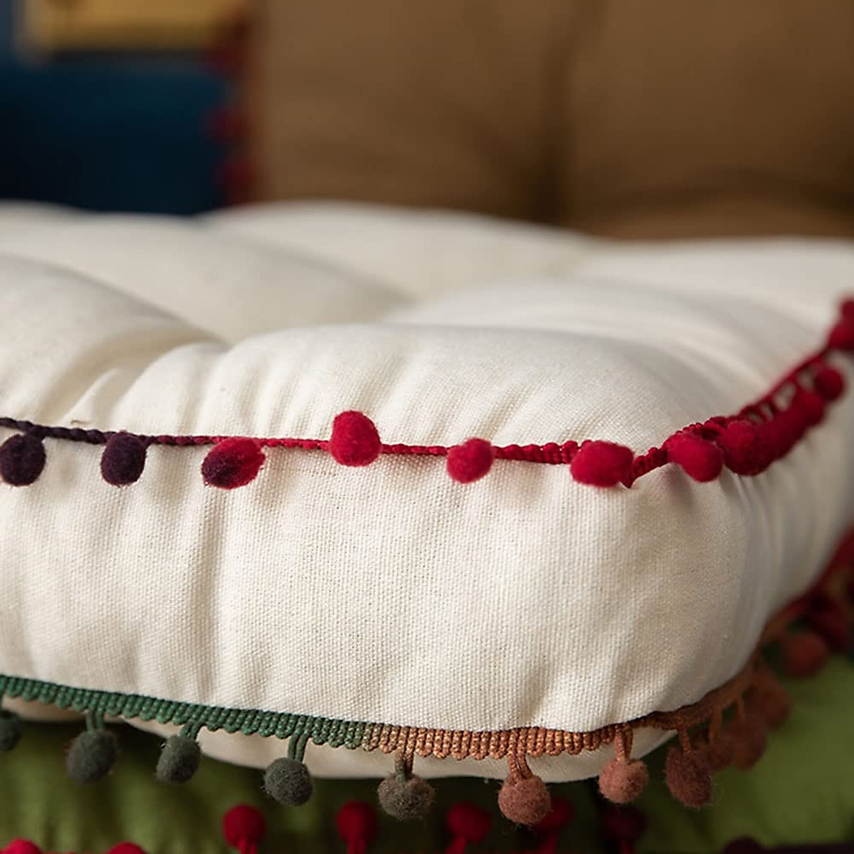 vctops Colorful Pompoms Cotton Linen Chair Pad Super Soft Comfy Chair Seat Cushion for Dining Chairs, Office Chairs, Hardwood Floors (White, 16"x16")