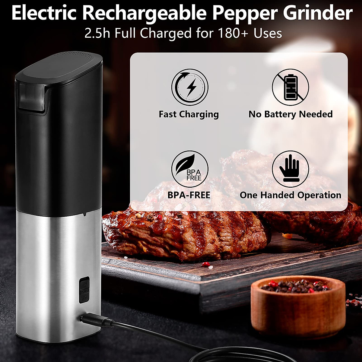 Rechargeable Salt or Pepper Grinder,NisuAM Gravity Automatic Pepper Mill with White LED light, One Handed Operation Spice Grinder ，Upgraded Salt Grinder Adjustable Coarseness, Refillable, No Battery