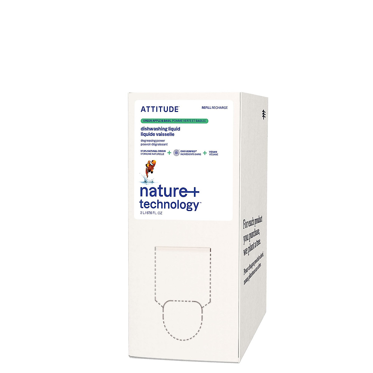 ATTITUDE Dishwashing Liquid, EWG Verified, Vegan Dish Soap, Plant Based, Naturally Derived Products, Green Apple and Basil, Bulk Refill, 67.6 Fl Oz