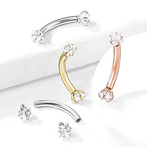 Pierced Owl 16GA Stainless Steel Internally Threaded Prong Set CZ Crystal Star Ends Cartilage Helix Daith Rook Eyebrow Curved Barbell (Silver Tone)