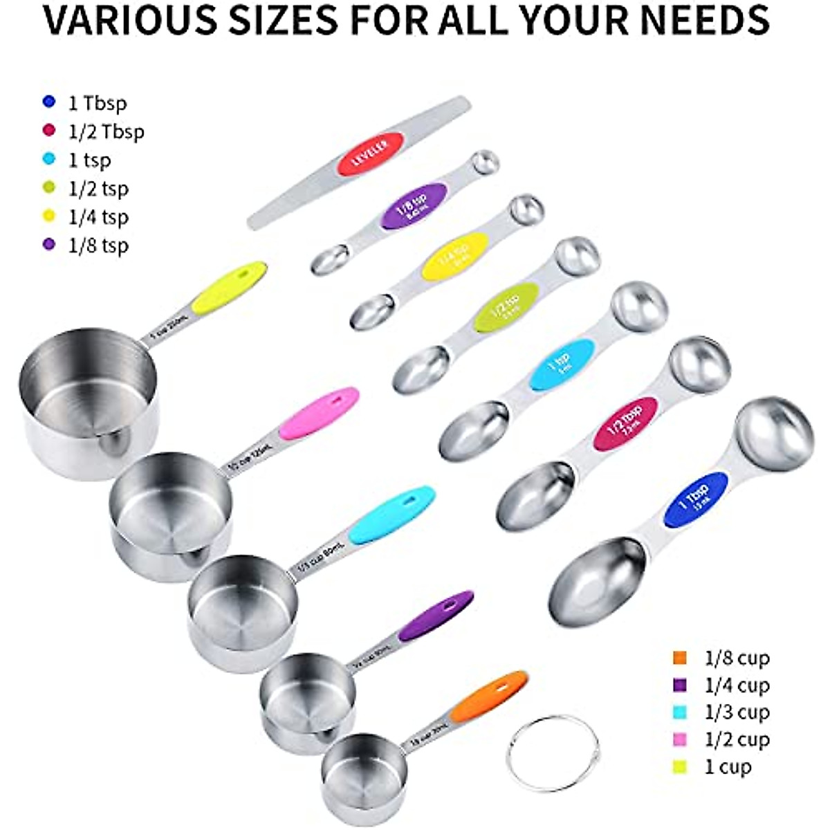 TILUCK measuring cups and magnetic measuring spoons set, 5 stainless steel measuring cups, 6 double-sided stainless steel measuring spoons & 1 leveler (5+7)