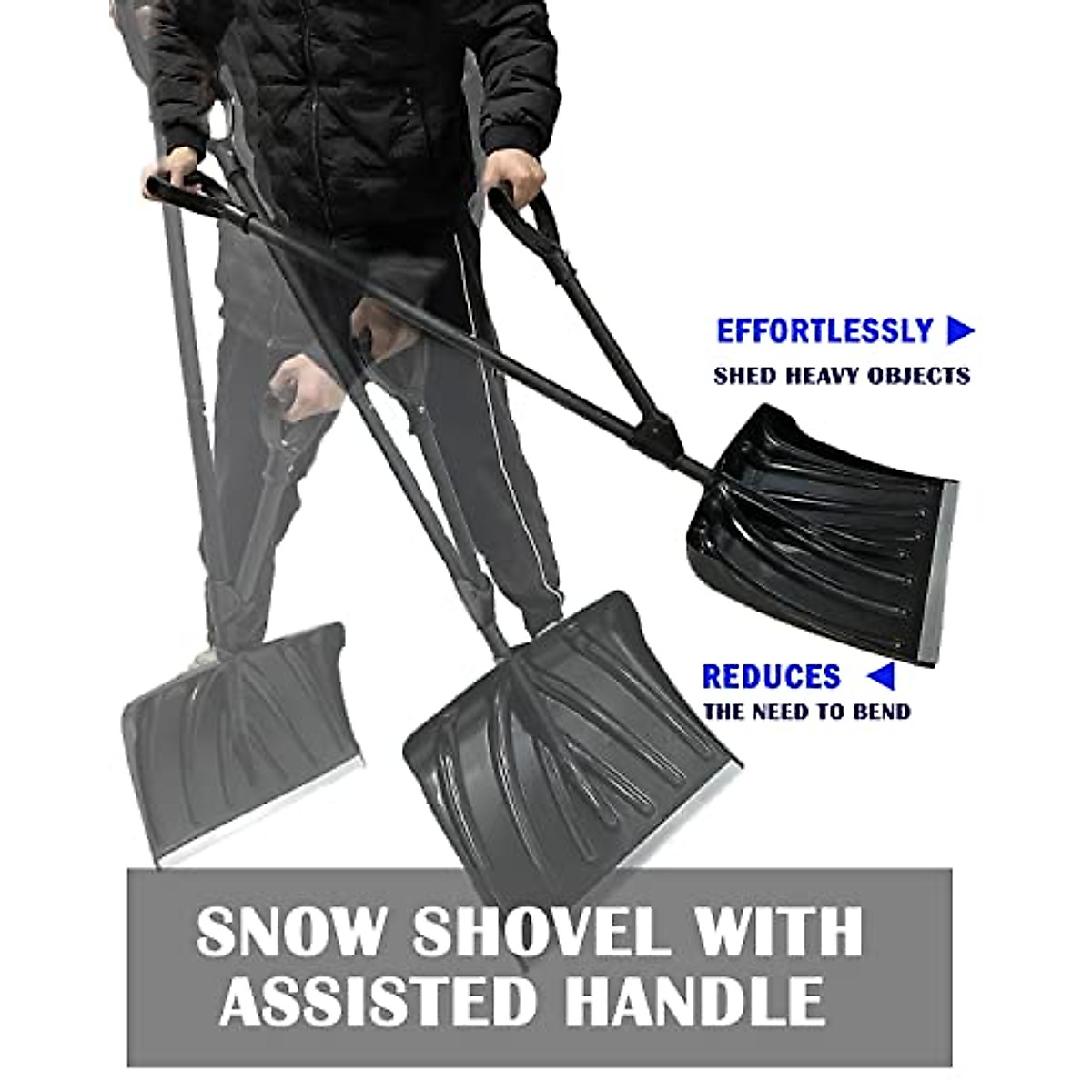 Snow Shovel for Driveway - 18-in Strain-Reducing Snow Shovel with Assisted Handle, Multifunction Emergency Snow Shovel, Lightweight Portable Sport Utility Shovel for Car Home Garage Garden (Black)