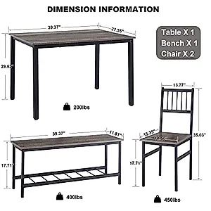 Tassullo 4pcs Kitchen Table Set, Small Dining Room Table Set and 2 Chairs for 4 with Bench, Sturdy and Noise-Free for Small Studio Apartment and Dorm Room (A)