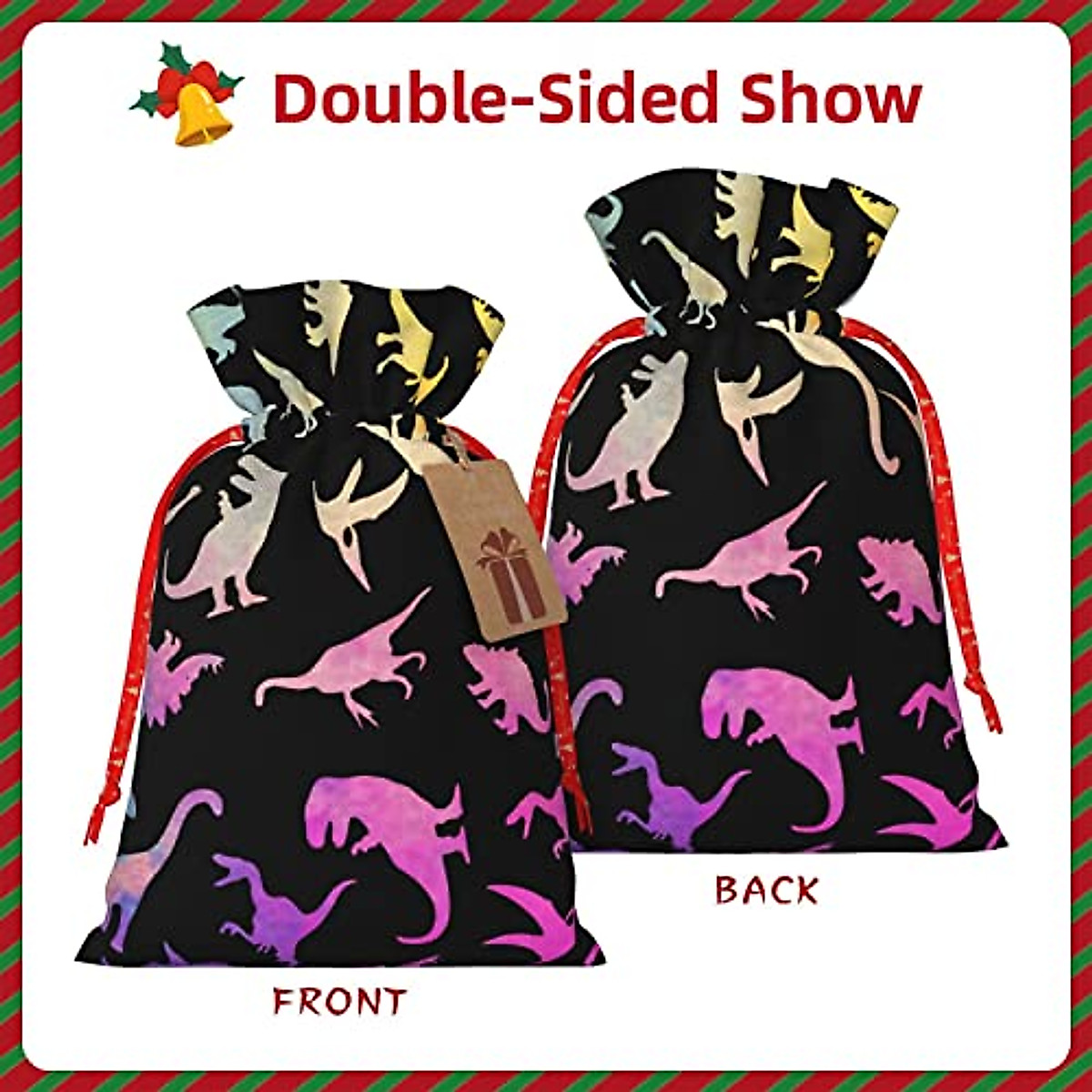 Drawstrings Christmas Gift Bags Fun-Dinosaur-Rainbow Presents Wrapping Bags Xmas Gift Wrapping Sacks Pouches Medium