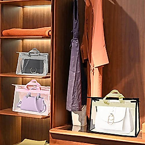 12 Pack Dust Bags for Handbags,Clear Handbag Storage Organizer with 12 Hooks Purse Dust Cover Storage Bag 4 Sizes Handbag Protector Bag for Closet (Gray+Pink+Yellow)