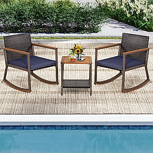 Toolsempire Outdoor Rocking Chair Set, 3 Pieces Patio Set Rocking Chair with Coffee Table & Cushions, Patio Wicker Furniture Set Outdoor Bistro Set for Balcony, Porch & Backyard (Navy Blue)