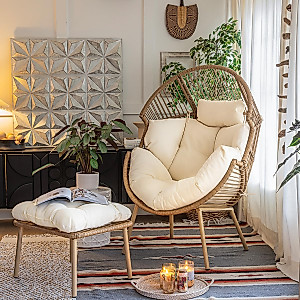 Barton 2-Pieces Stationary Wicker Egg Chair Oversized Egg Seat 350lbs Teardrop Cuddle Cocoon Chair Egg Basket Lounge Chair with Ottoman Indoor/Outdoor, Beige