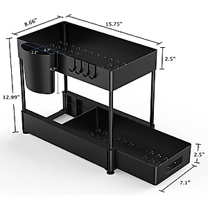 MARGHAZAR-Under Sink Organizers and Storage Bathroom-2 Tier Sliding Under Cabinet Organizer with 2 Cups 4 Hooks-Multi-Purpose Storage Shelf for Bathroom Kitchen Organization-Black