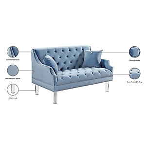 Meridian Furniture Roxy Collection Modern | Contemporary Velvet Upholstered Loveseat Sofa with Luxurious Deep Tufting, Nailhead Trim and Acrylic Legs, Sky blue