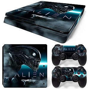 ZOOMHITSKINS Compatible with PS4 Slim Skin, Alien Supernatural SciFi Neon Black Blue, Durable & Fit, 3M Vinyl, Made in The USA