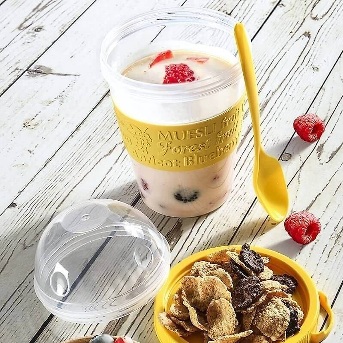 EYNEL 4 Pack On The Go Cereal Yogurt Cups with Lids and Spoon, Overnight Oats Container, Reusable Parfait Plastic Milk Jar Breakfast Crunch Granola Oatmeal Smoothie Snack Prep Bowl (4 Colors Set)
