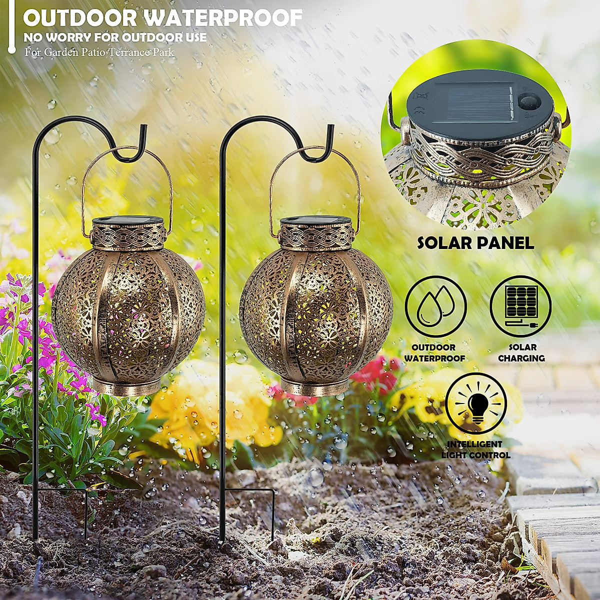 Solar Lanterns Outdoor Hanging, Solar Lights Retro Metal Waterproof Table Lanterns Solar Garden Lights with Handle for Garden, Yard Porch Patio Tabletop (2 Pack)