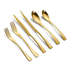 Lemeya 24 Piece Gold Silverware Set with Steak Knives,18/10 Stainless Steel Cutlery Utensils Modern Flatware Set Service for 4,Include Knife/Fork/Spoon, Mirror Polished,Dishwasher Safe