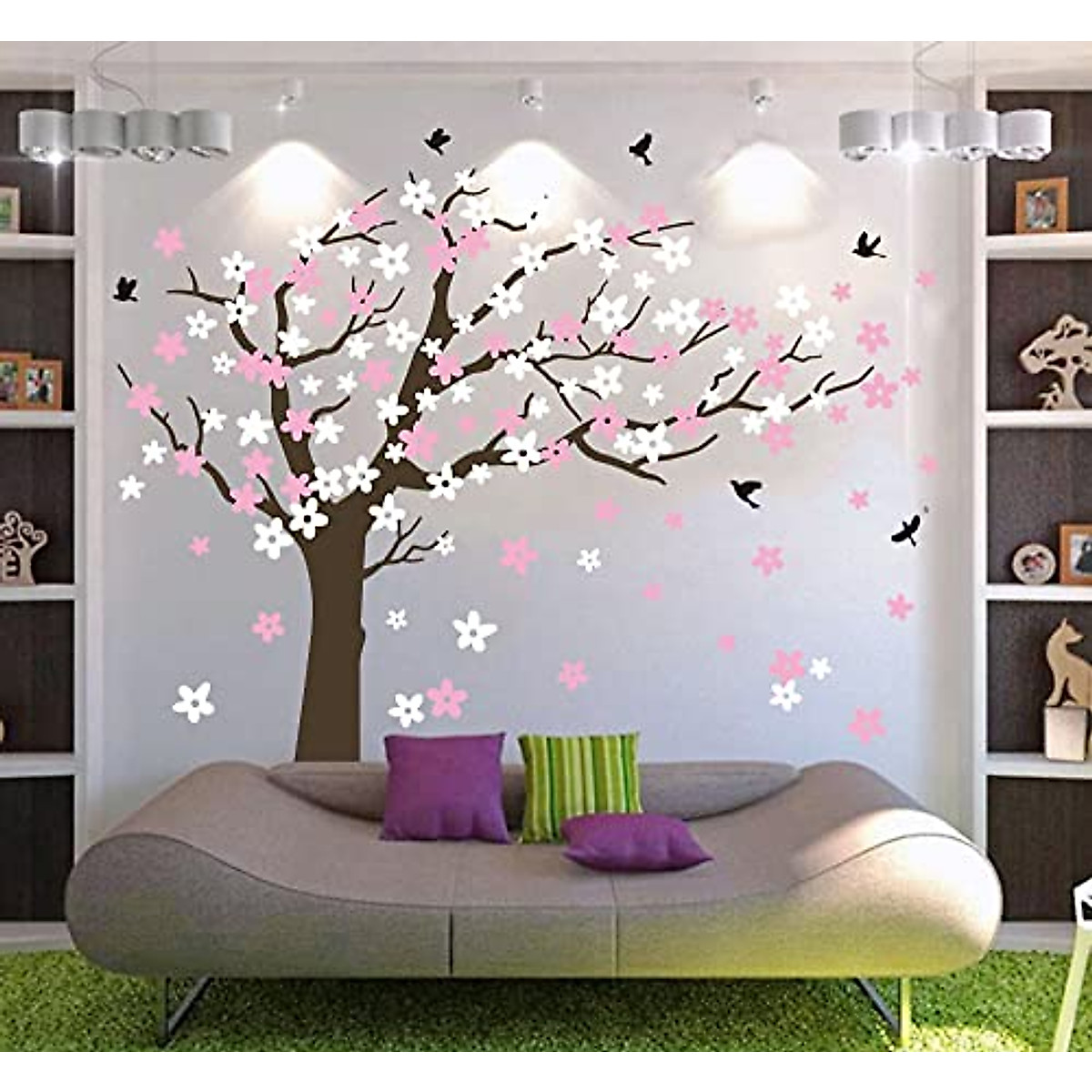 Large Cherry Blossom Tree Blowing in The Wind Tree Wall Decals Wall Sticker Vinyl Wall Art Kids Rooms Teen Girls Boys Wallpaper Wall Stickers Room Decor (Dark Brown Tree,White and Pink Flower)