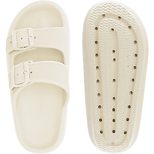 WHITIN Slides for Women Men Extra-Thick Cushion Slides Straps Pillow Slippers Light EVA Foam Adjustable Double Buckle Sandals Outdoor Beach Quick Drying House Sandles Beige