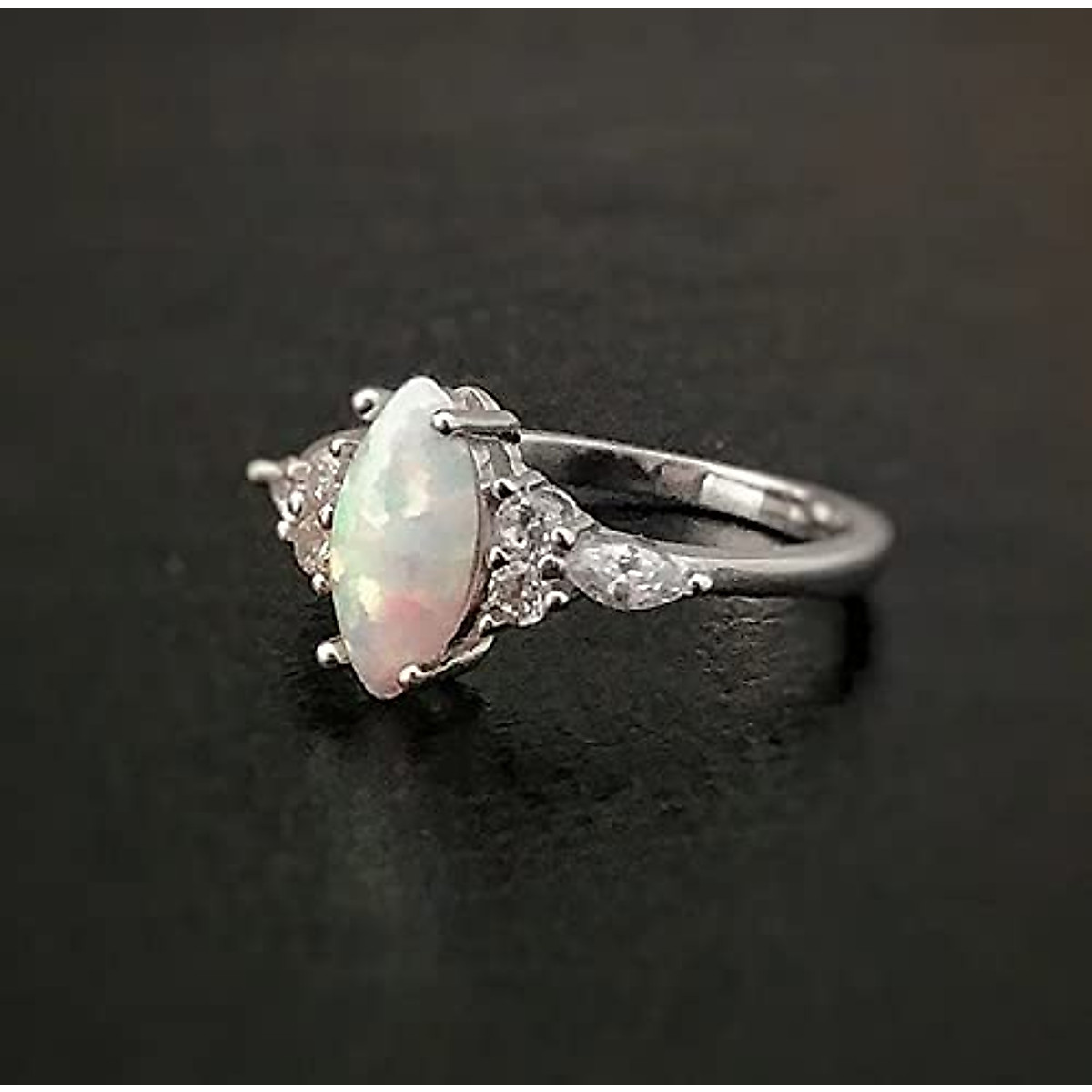 Genuine Marquise Ethiopian Opal Ring-Opal Cubic Zirconia Ring-October Birthstone Ring-925 Sterling Silver Engagement Ring-Opal Wedding Ring (12.5)