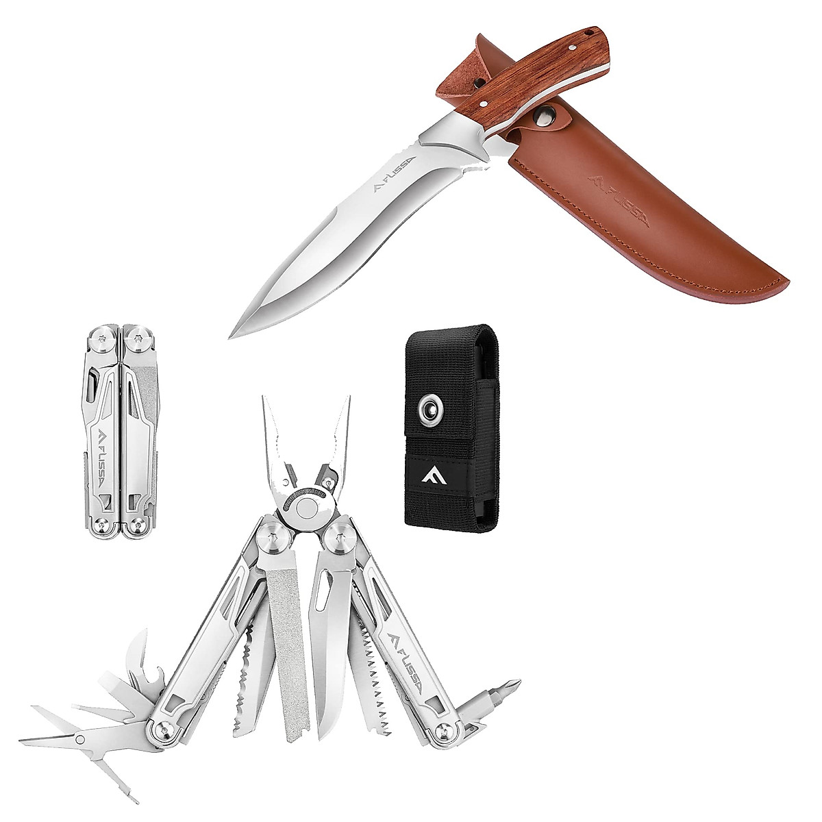 Flissa 16-in-1 Multitool Pliers & FLISSA Hunting Knife with Leather Sheath