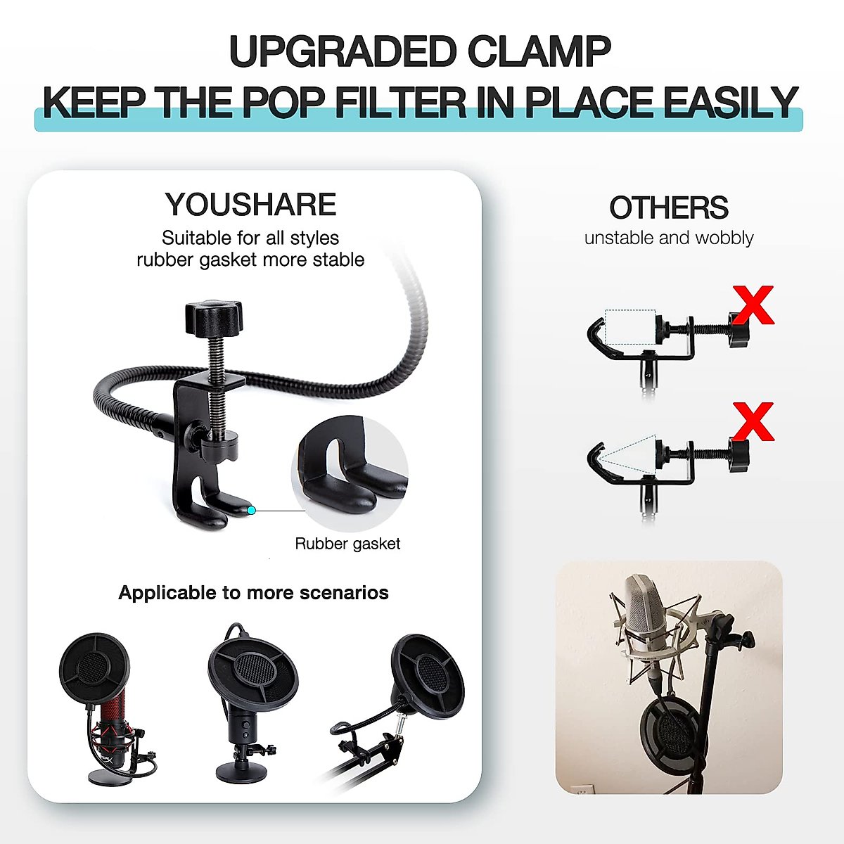 YOUSHARES 6-layer Pop Filter Compatible with HyperX QuadCast, Blue Yeti, Razer, Fifine and Other Mic, Upgraded Metal Microphone Pop Filter Windscreen with Flexible 360°Gooseneck