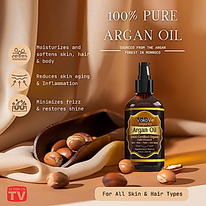 VoilaVe USDA and ECOCERT 100% Pure Organic Moroccan Argan Oil for Skin, Nails & Hair Growth, Anti-Aging Face Moisturizer, Cold Pressed, Hair Moisturizer, Rich in Vitamin E, As Seen On TV - 4 fl oz