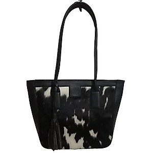 Exotic Cowhide Tote Bag Hair on black white Cowhide Women Purse Shoulder Bag (Brown)
